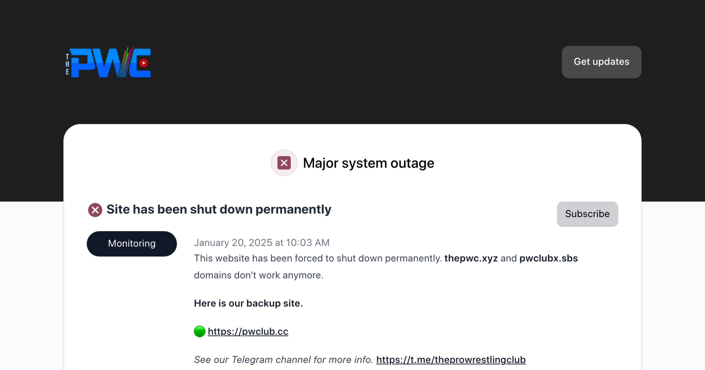 Our Public API - Pro Wrestling Club X - Status